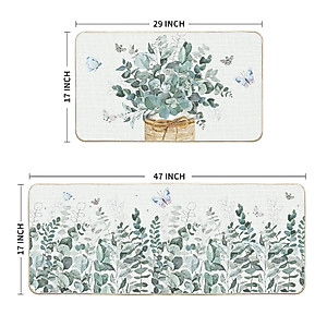 Artoid Mode Eucalyptus Vase Butterfly Summer Kitchen Mats Set of 2, Spring Home Decor Low-Profile Kitchen Rugs for Floor - 17x29 and 17x47 Inch