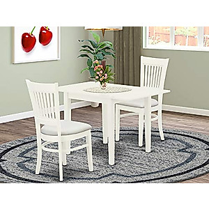 East West Furniture NDVA3-LWH-C Norden 3 Piece Kitchen Table & Chairs Set Contains a Rectangle Dining Room Table with Dropleaf and 2 Fabric Upholstered Chairs, 30x48 Inch, Linen White