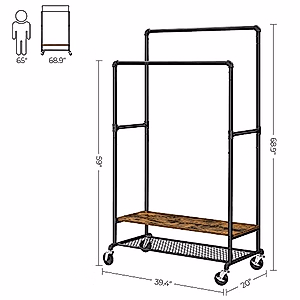 VASAGLE Rolling Clothes Rack, Double Rail Garment Rack on Wheels, Heavy-Duty Clothing Rack with Shelves, Industrial Pipe Design, Rustic Brown and Black URGR120B01