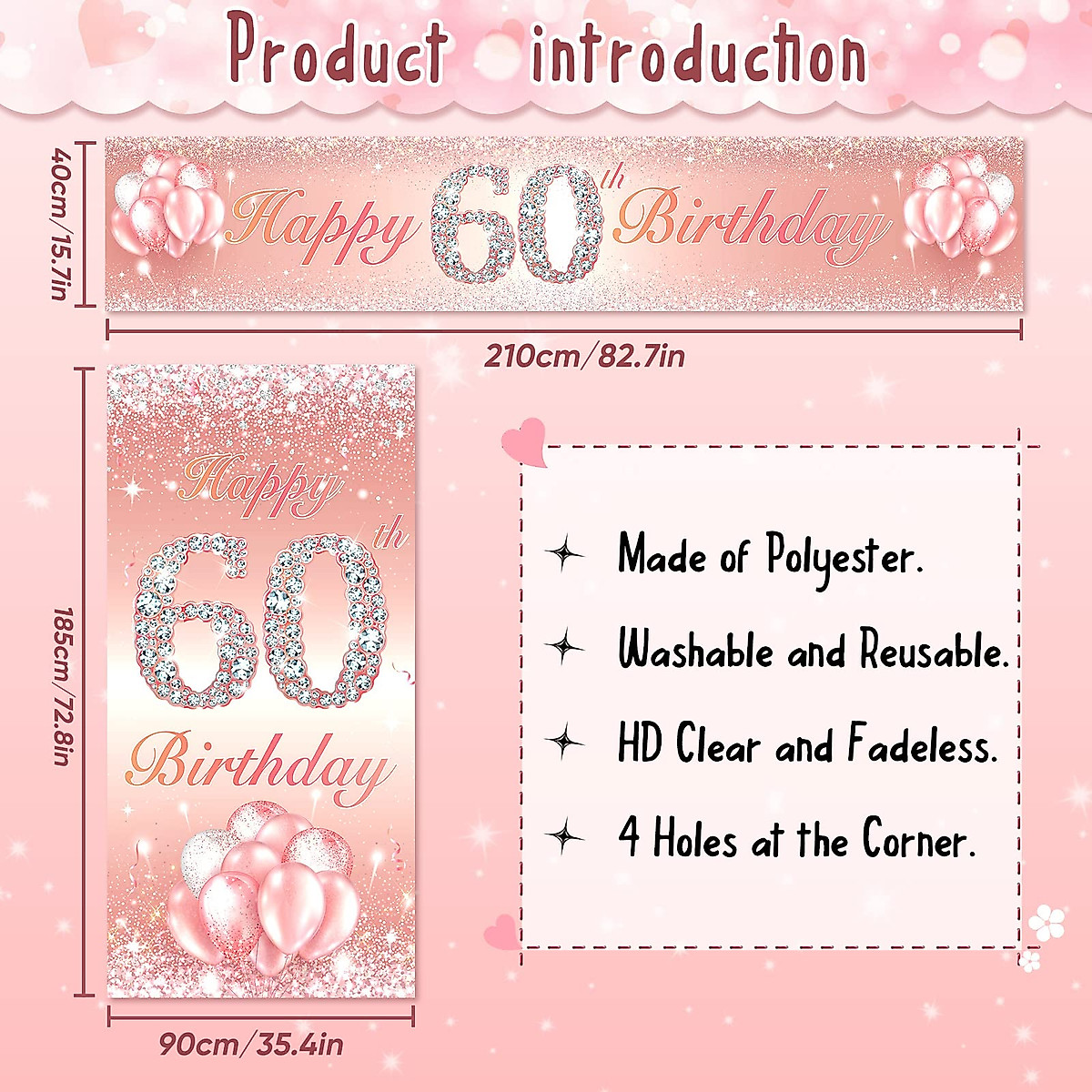 Happy 60th Birthday Door Cover Porch Long Banner Sign Set 60 Years Old Birthday Decoraions Party Supplies for Women Rose Gold