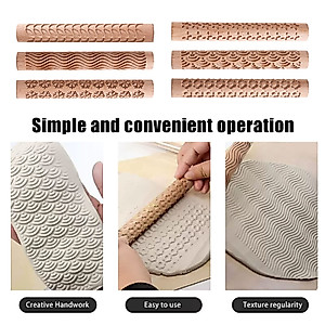 6Pcs Clay Modeling Pattern Rollers, Large Texture Rollers for Clay Wooden Handle Pottery Tools Snowflakes Stars Wood Wave Pattern Clay Rolling Pottery Ceramic Carved Tools for DIY Handcrafts (B)