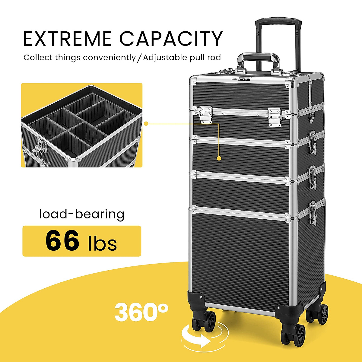 VIVOHOME 4 in 1 Makeup Rolling Train Case Aluminum Trolley Professional Cosmetic Organizer Box with Shoulder Straps 2 Keys Black(Cosmetic are not included)