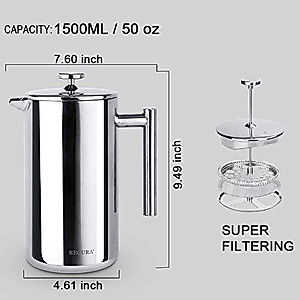 Secura French Press Coffee Maker, 304 Grade Stainless Steel Insulated Coffee Press with 2 Extra Screens, 50oz (1.5 Litre), Silver