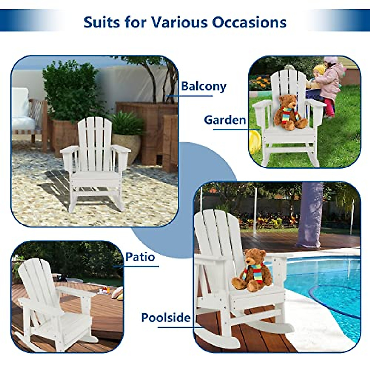 PIZATO Kids Adirondack Chair, Recyclable Durable HDPE Composite Adirondack Chairs Weather Resistant Adirondack Rocking Chair Fire Pit Chairs for Patio Backyard Garden, White