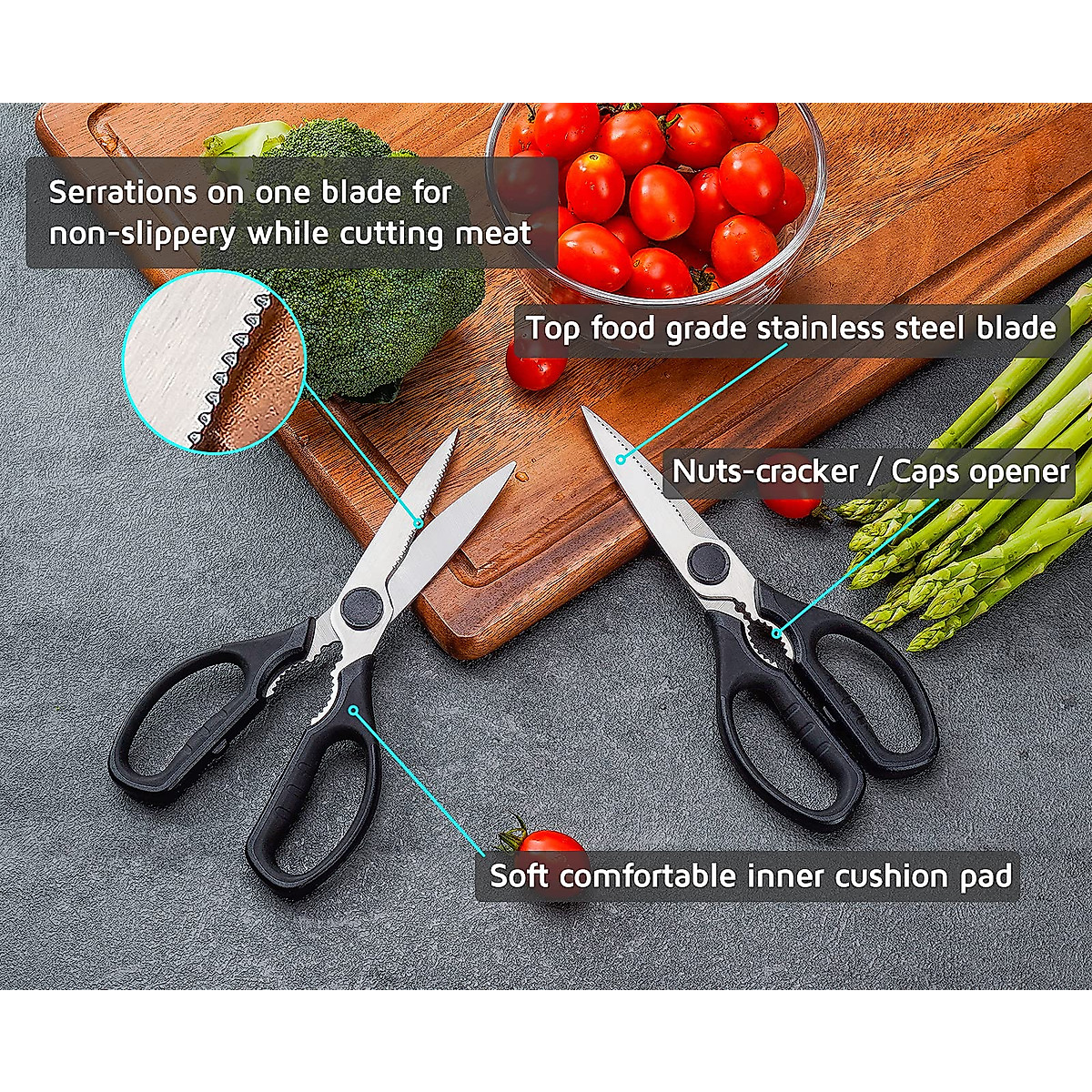 Multifunction Kitchen Scissors 2-Piece Set WELLSTAR, Heavy Duty Food Shears for Chicken Meat Vegetable Fish Herb Poultry Stainless Steel Cooking Scissors with Comfortable Handle Scissors Set (Black)