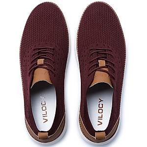 VILOCY Men's Casual Dress Sneakers Oxfords Business Shoes Lace Up Lightweight Comfortable Breathable Walking Knit Mesh Fashion Sneakers Tennis Wine Red,EU44