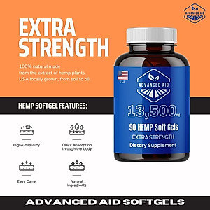 Advanced Aid Natural Premium Organic Hemp Extract 13,500mg (150mg per SoftGel) 90ct Non-GMO Ultra-Pure CO2 Extracted Made in The USA. Read Description