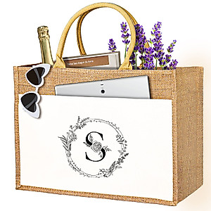 JUSTOTRY Initial Tote Bag - Natural Jute Large 13OZ Utility Personalized Canva Tote Bag Monogrammed Gift for Women