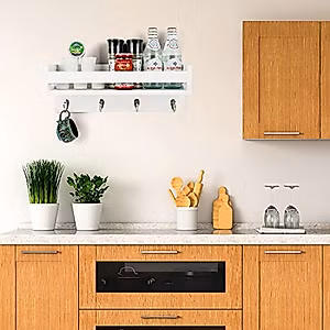 Satauko Coat Hooks Wall Mounted with Shelf, Entryway Hanging Shelf with 4 Metal Hooks, Wooden Floating Shelves for Kitchen Spice Rack Storage, White Wall Shelves Organizer for Bathroom, Bedroom.