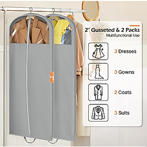MISSLO 65" Foldable Garment Bags for Hanging Clothes Travel Waterproof Dress Bags for Gowns Long for Closet Storage Dress Protector Bag for Gowns, Suits, Coats, Grey, 2 Packs