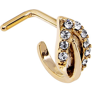 Body Candy Gold PVD Steel Clear Accent Leaf Faux Hoop L Shaped Nose Stud Ring 18 Gauge 5/16"