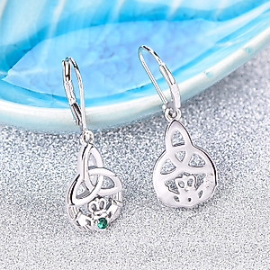 JO WISDOM Women Claddagh Earrings,925 Sterling Silver Irish Celtic Claddagh Love Heart Drop & Dangle Leverback Earrings with Green Emerald