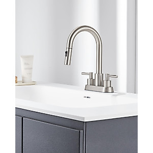 FELIXBATH Bathroom Sink Faucet with Pull Out Sprayer 2 Handles, Brushed Nickel Pull Down Bathroom Faucet 3 Holes, 4 Inch Sink Faucet Bathroom, 360 Degree Swivel Spout, Pop Up Drain Assembly Included