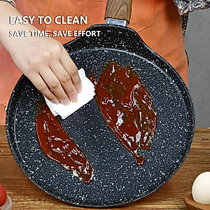 Crepe Pan Nonstick with Spreader Spatula, 11'' Granite Stone Coating Dosa Tawa Pan, Flat Skillet Grill for Tortilla, Omelette, Pancake Induction Bottom Glass, Ceramic, Gas Stove Top, Wooden Handle