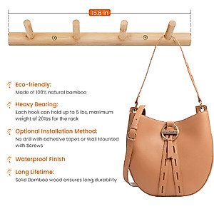 Homode Modern Bamboo Wooden Entryway Coat Hooks, Bathroom Kitchen Towel Rack, Wall Mounted Coat Rack Hat Hanger with 4 Hanging Pegs (Natural)