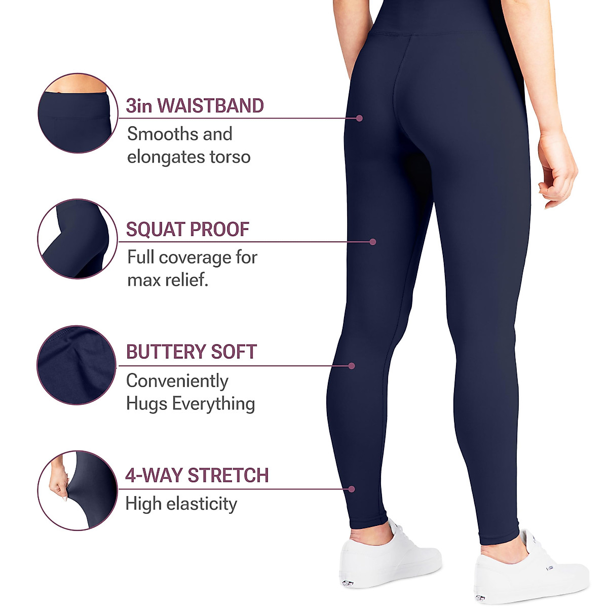 SATINA High Waisted Navy Blue Leggings for Women - Soft, Stretchy Leggings with Side Pockets - Full Length Yoga Pants for Women - Tummy Control and Buttery Soft Fabric for All-Day Comfort - One Size