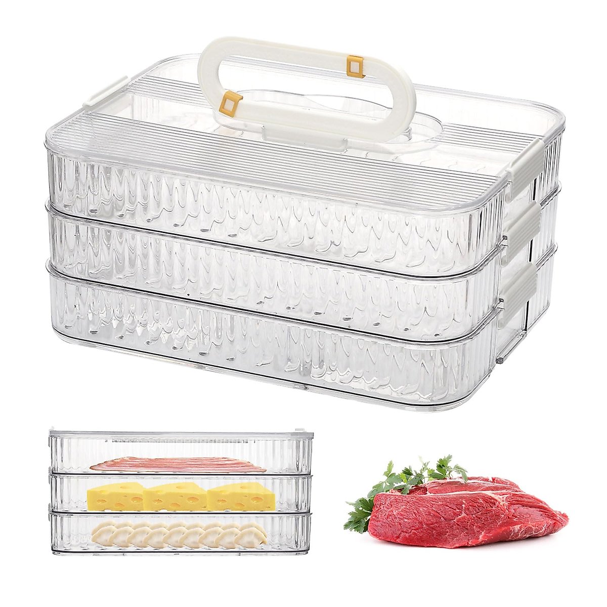 Deli Meat Container for Fridge, 3 Layer Bacon Lunch Meat Container for Refrigerator, Deli Meats Containers with Lids, Storage Boxes with Lid for Cold Cuts, Bacon Storage Box for Fridge