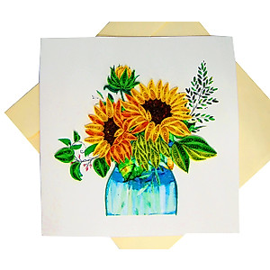 Sunflowers Arrangement in Vase, Quilled Card, Quilling Card 3D,Unique Dedicated Handmade, Design Greeting Card for Birthday, Valentine's Day, Mothers Day, Spring, Fathers Day, All Occasion,6"x6"