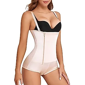 Nebility Bodysuit for Women Slim Waist Trainer with Full Body Zipper Latex Shapewear with Open Bust Corset (Medium,Beige)
