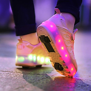 XinYiQu Kids USB Charging Led Light Up Shoes Breathable Mesh Double Wheels Roller Skate Shoes Sneakers for Boys Girls 6.5 M US Big Kid,Pink