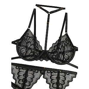 Lilosy Petite Sexy Choker Floral Lace Scallop Sheer Underwire Push Up Garter Belt Lingerie Set for Women See Through Bra and Panty 3 Piece Black X-Small