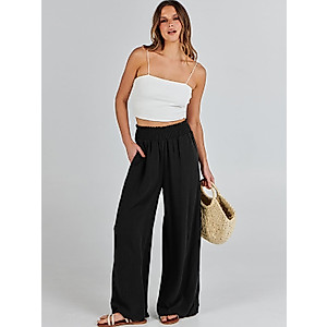 Caracilia Womens Linen Pants Wide Leg Palazzo Lounge Pant High Waisted Flowy 2024 Summer Beach Work Boho Casual Trousers Black Medium