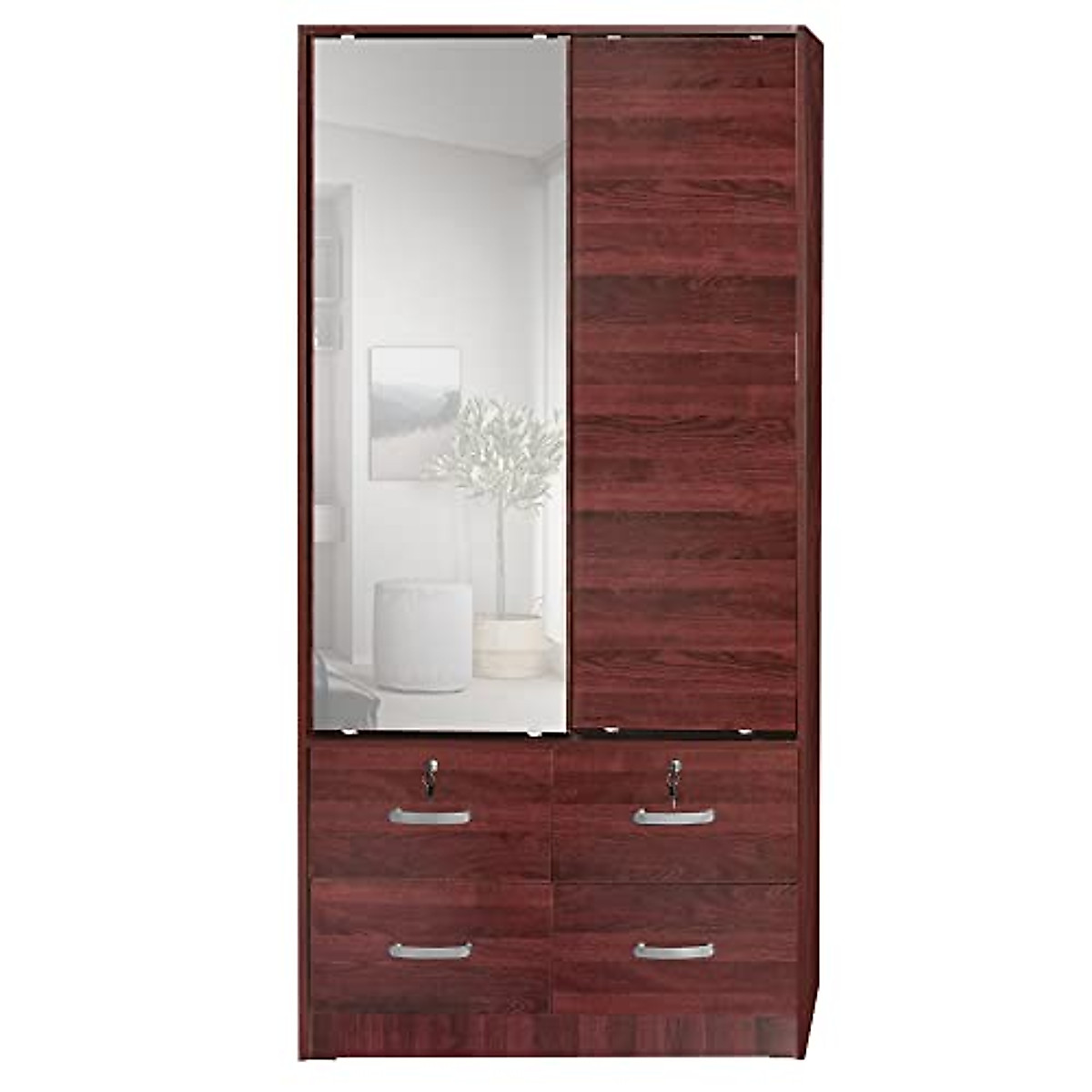 Better Home Products Sarah Double Sliding Door Armoire with Mirror in Mahogany