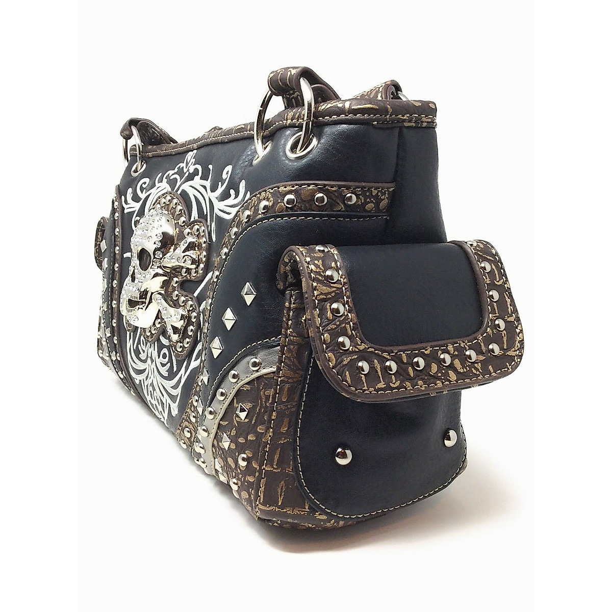 Texas West Rhinestone Embroidered Metal Skull Leather Womens Concealed Carry Handbag With Matching Wallet 6 colors (Black)