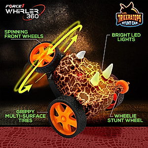 Force1 Tornado Remote Control Car AND Dino Whirler Triceratops Stunt Car Bundle- (1) Double Sided Fast Off-Road RC Stunt Car RC Crawler Rechargeable and (1) Fast Remote Control Mini Stunt Car for Kids