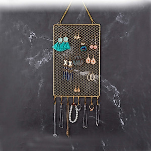 Hanging Jewelry Organizer,Metal Wall Mounted Earring Display Hanger with Hooks,Gold Mesh Necklaces Bracelets Holder Closet Storage Rack for Girl Women 28 * 18cm