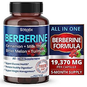 SOTALIX SUPPLEMENT Premium Berberine 19,370mg Plus Ceylon Cinnamon, Bitter Melon, Milk Thistle - Supports Immune System, Heart & Gastrointestinal Wellness - 150-day Supply (150 Count (Pack of 1))