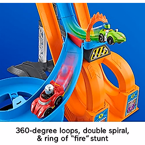 Fisher-Price Little People Toddler Playset Hot Wheels Racing Loops Tower Race Track with Stunt Ramp & Sounds for Ages 18+ Months