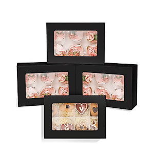 qiqee Black 6 Cupcake Boxes with Window Auto-pop up 30 Packs Cupcake Box 9"x6.1"x3.3" Bakery Boxes For Cupcakes Carrier, Cupcake Containers