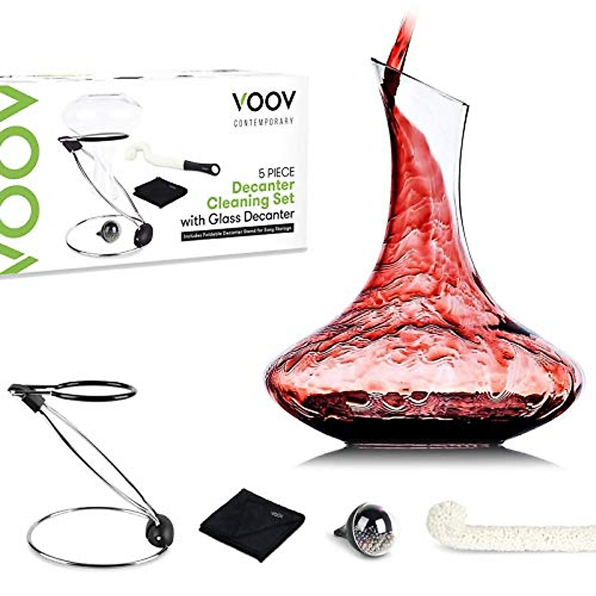 VOOV Contemporary Premium Decanter Cleaning Set with Glass Decanter, UNIQUE FOLDABLE Drying Stand, Cleaning Beads, Cleaning Brush and Microfiber Drying Cloth