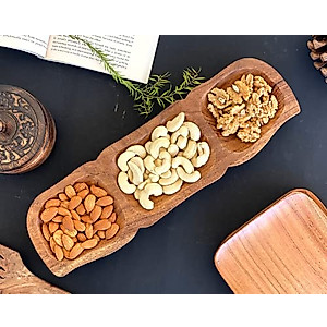 3 Compartment Acacia Wood Tray for Nuts, Candy, Snacks, Appetizers, Chips, Condiments, Crackers, Divided Serving Platter for Parties, Decorative Sectional Relish Tray for Christmas Holidays- 15''