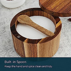 KITCHENDAO Acacia Wood Salt Cellar Bowl Box with Built-in Spoon to avoid Dust, Elegant Kitchen Salt Container Holder with Swivel Magnetic Lid to Storage Pepper Spice Bath Salt Sea Salt, 6OZ