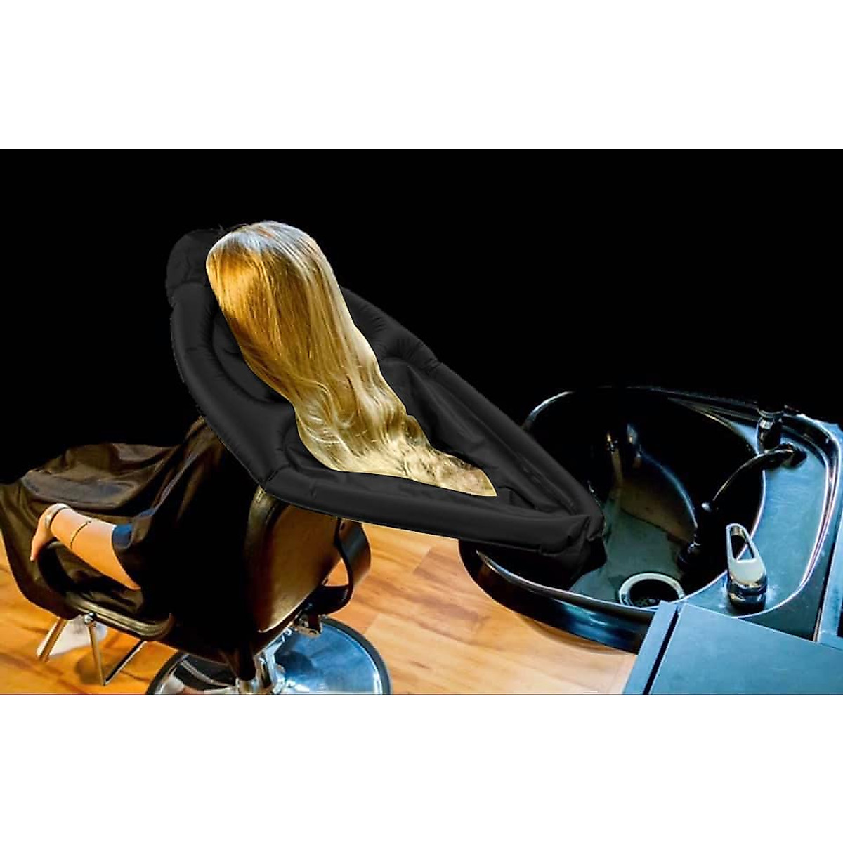 Inflatable Shampoo Funnel Cape for Washing Hair in Any Chair and Basin. Black Portable Tray Device to Use in Salon, at Home, Nursing Home or Hospital to Help Keep Clothes Dry! Pump Included!