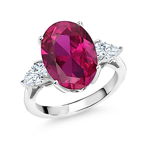 Gem Stone King 925 Sterling Silver Oval Red Created Ruby and White Moissanite 3 Stone Women Ring (3.80 Cttw, 14X10MM Oval and 6X4MM Pear Shape, Available In Size 5, 6, 7, 8, 9)