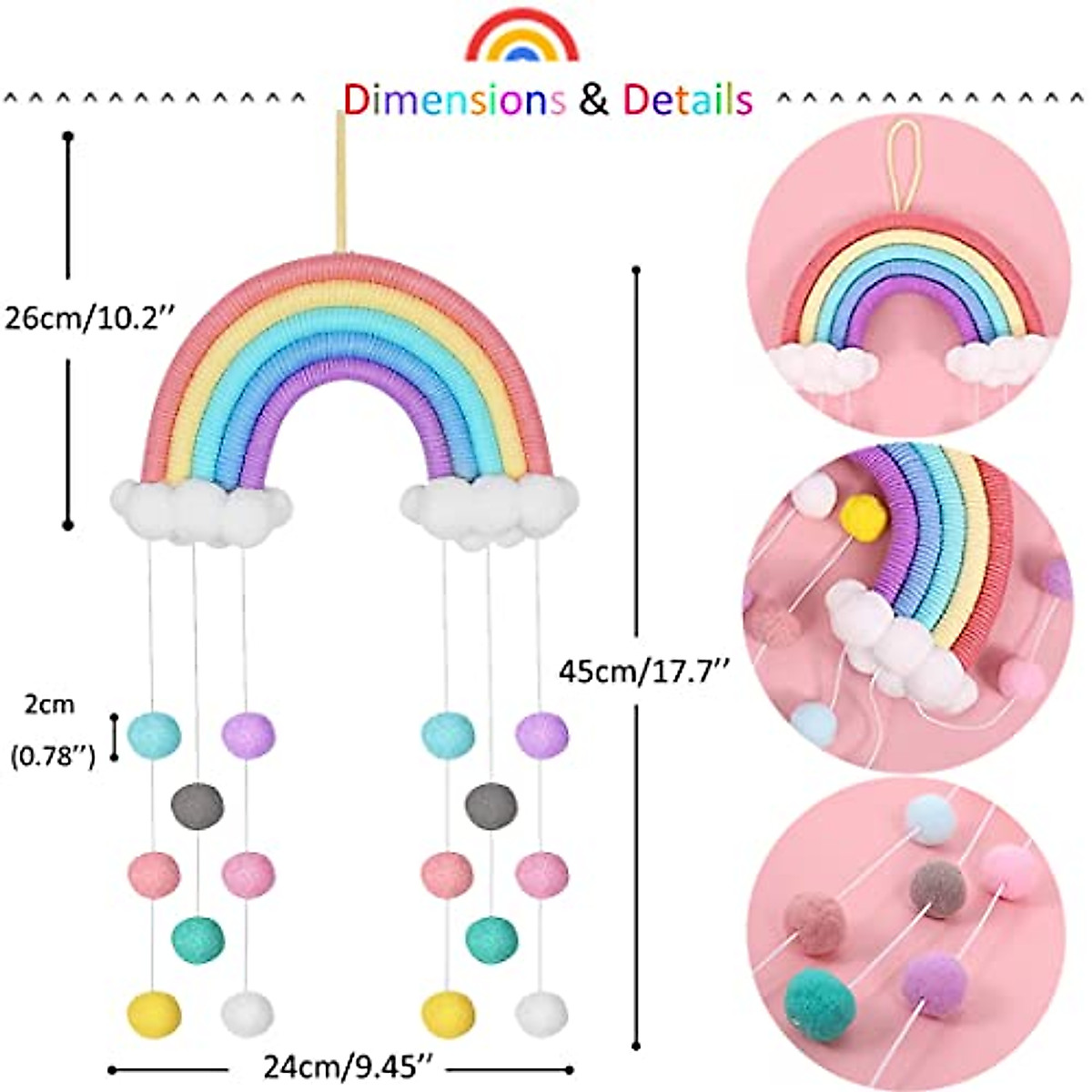 Boho Rainbow Nursery Decor Pom Pom Ball Handmade Macrame Rainbow Cloud Raindrop Wall Hanging Tassel for Home Decor Baby Room Nursery Classroom Dorm Room Baby Shower Party Supplies -Pink