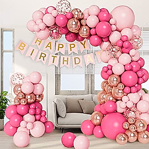 138pcs Pink Balloon Arch Garland Kit with Different Size Pastel Hot Pink White Metallic Rose Gold Confetti Balloons for Birthday Baby Shower Princess Theme Wedding Valentine's Party Decorations
