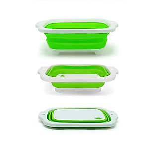 New collapsible folding colander with chopping board, vegetable washing basket silicone dish tub for BBQ Prep/Picnic/camping (grey)