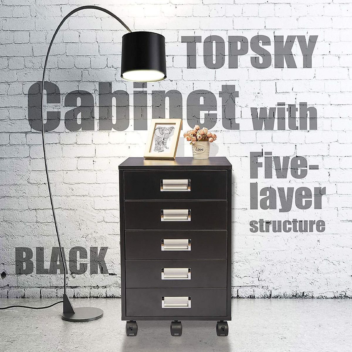 TOPSKY 5 Drawer Mobile Cabinet Fully Assembled Except Casters Built-in Handle (Black)