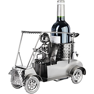 BRUBAKER Bottle Holder Female Golf Player in Golf Cart - Silver Metal Sculpture Wine Gift for Golfer and Sport Women - Wine Bottle Stand with Greeting Card
