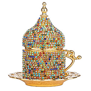 Alisveristime Crystal Embellished Turkish Coffee Set – 27 Pieces – Decorative Zamac Espresso Cups, Saucers and Sugar Bowl with Tray – Available in Three Color Variations (Multi)
