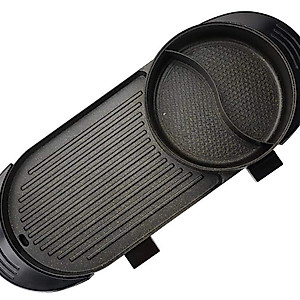 Electric Grill Hot Pot 2 in 1, Indoor Smokeless Grill Teppanyaki Grill w/ Non Stick Pan Shabu Shabu with Black