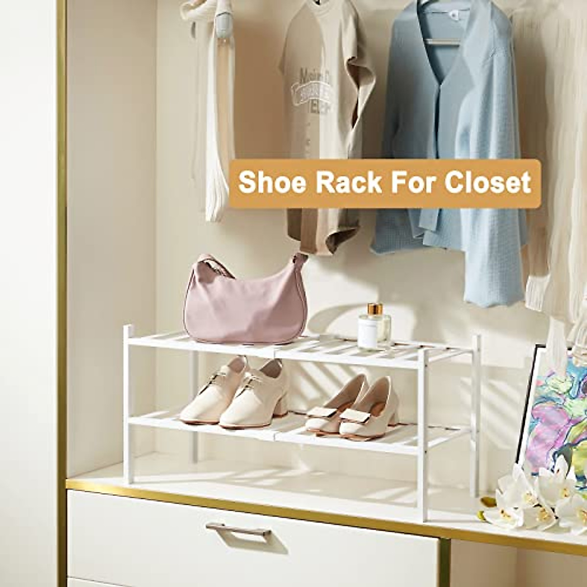 quiqear Bamboo Shoe Rack, 2 Tier Shoe Rack Organizer, Stackable & Durable Shoe Shelf Holder, Free Standing Shoe Racks, Shoe Storage Organizer for Entryway, Closet, Hallway (White)