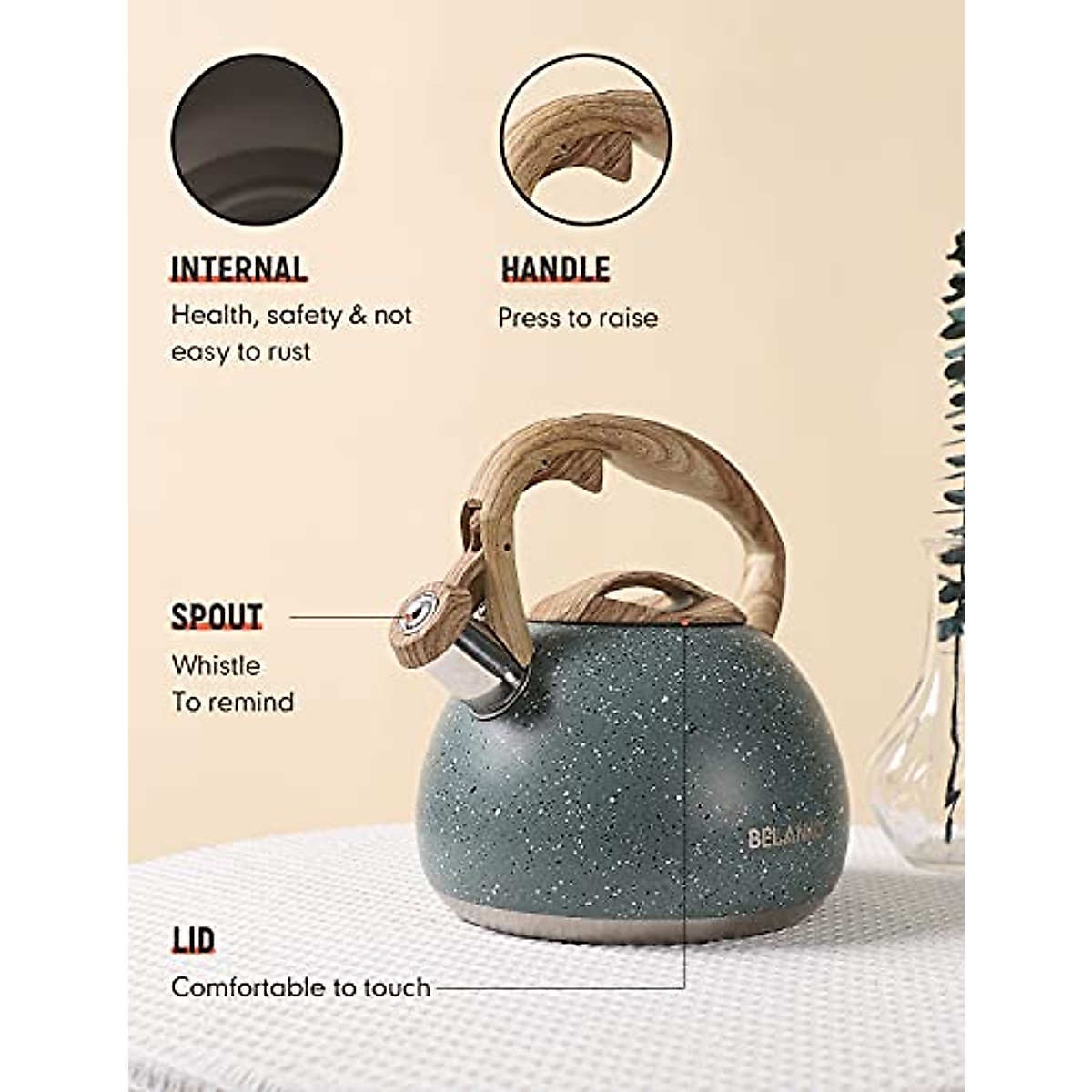 Tea Kettle, BELANKO 102 OZ / 3 Liter Whistling Tea Kettle, Tea Pots for Stove Top Food Grade Stainless Steel with Wood Pattern Handle, Loud Whistle Kettle for Tea, Coffee, Water, Milk - Black Green