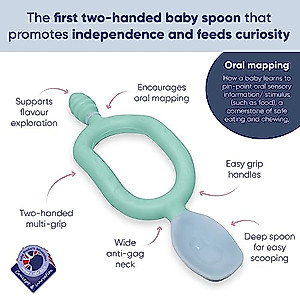 Bibado - Dippit Multi-Stage Self Feeding BPA Free Baby Spoons and Dipper, 2-Handed Multi-Grip Baby Led Weaning Spoons, baby spoons self feeding 6 months and Up, Infant Spoons, Mint and Gray, Pack of 2
