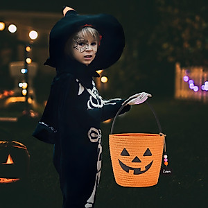 MELLBAY Halloween Basket, Halloween Trick or Treat Pumpkin Candy Bucket, Woven Personalized Small Halloween Baskets with Name Tag Pumpkin & White Pen for Kids Gift Basket