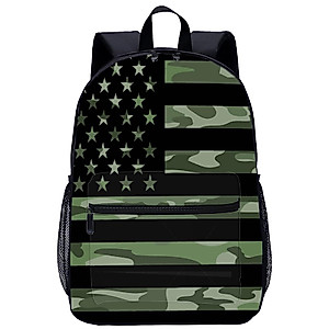 Green Camouflage American Flag Laptop Backpack Lightweight 17 Inch Travel Daypack Shoulder Bag for Men Women